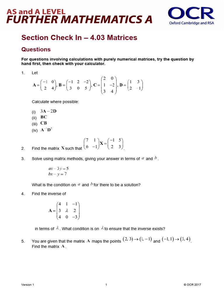 4.03 Matrices | PDF | Matrix (Mathematics) | Determinant