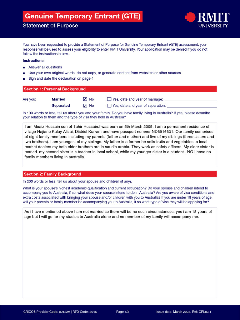 RMIT GTE Statement of Purpose - March 2023 | PDF | Social Science
