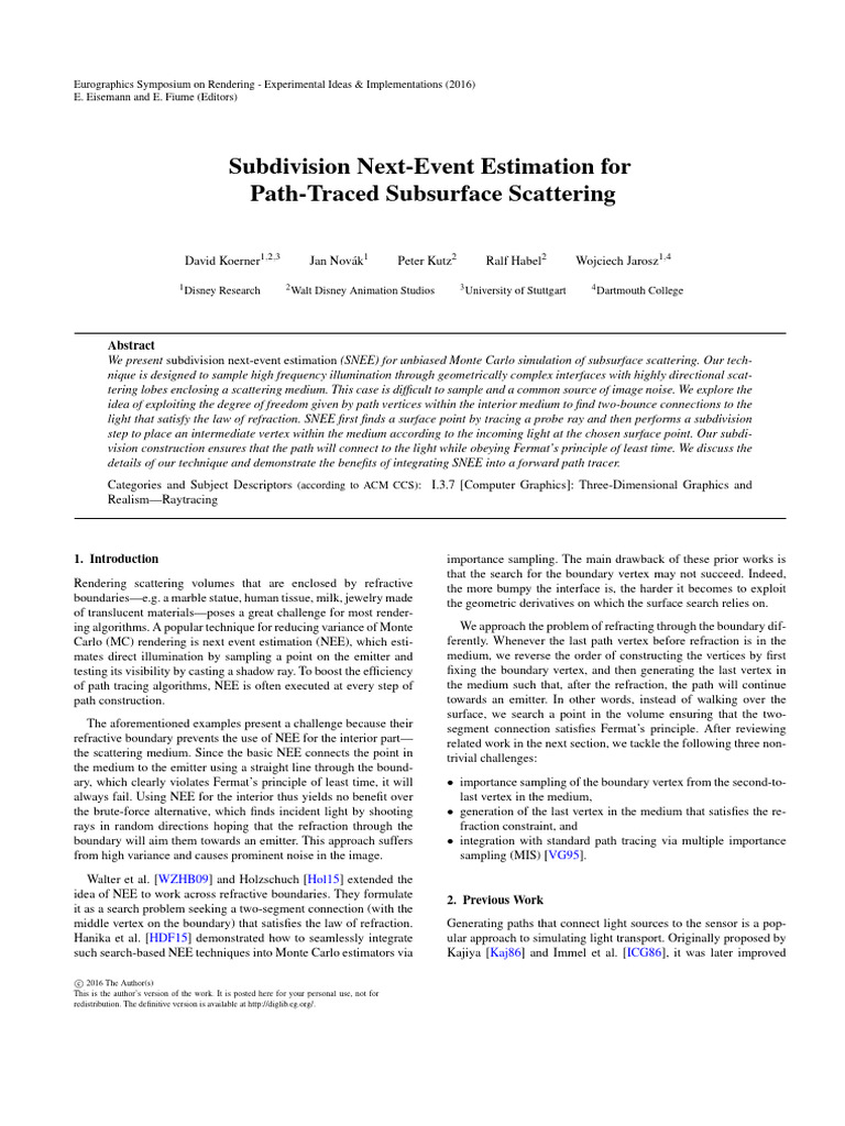 Subdivision Next Event Estimation For Path Traced Subsurface Scattering | Download Free PDF ...