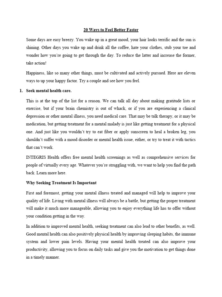 20 Ways To Feel Better Faster | PDF | Sleep | Psychological Resilience