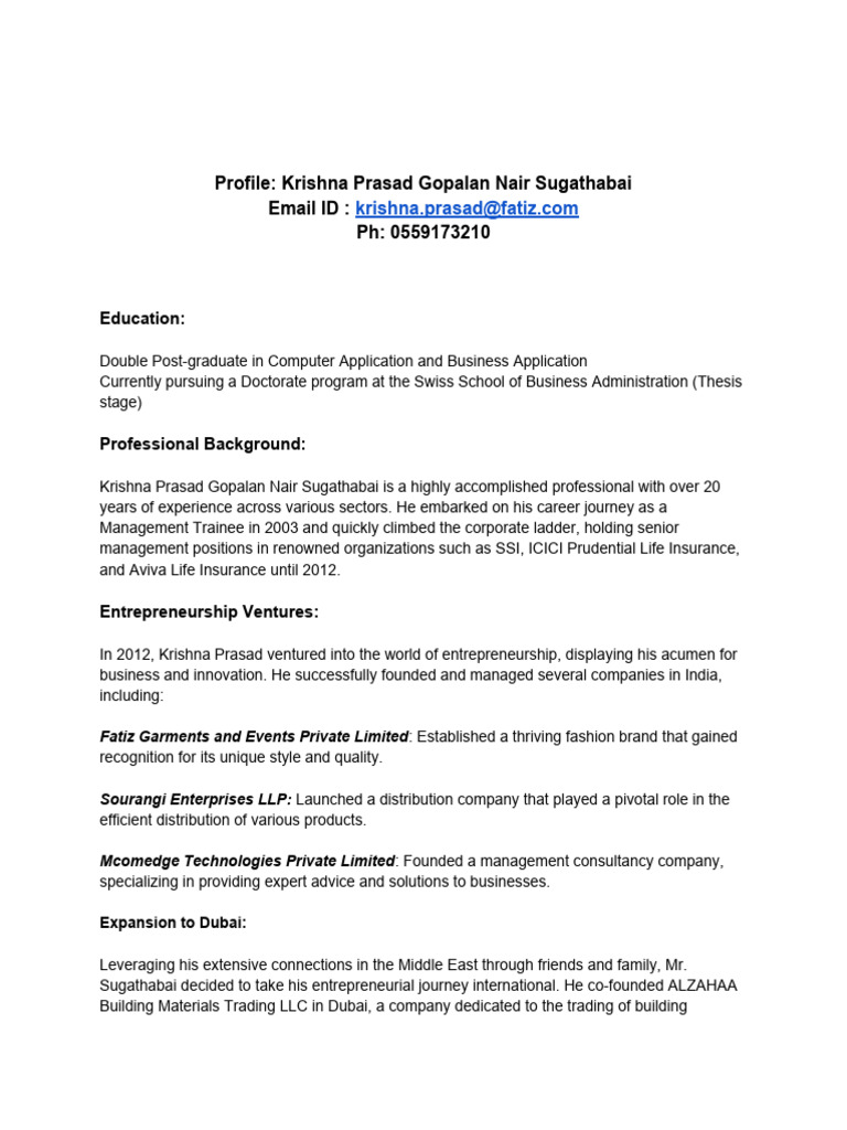 Profile - Krishna Prasad Gopalan Nair Sugathabai | PDF