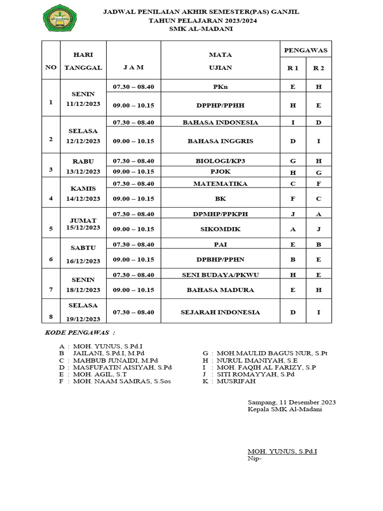 Jadwal PAS Ganjil 2023-2024 | PDF