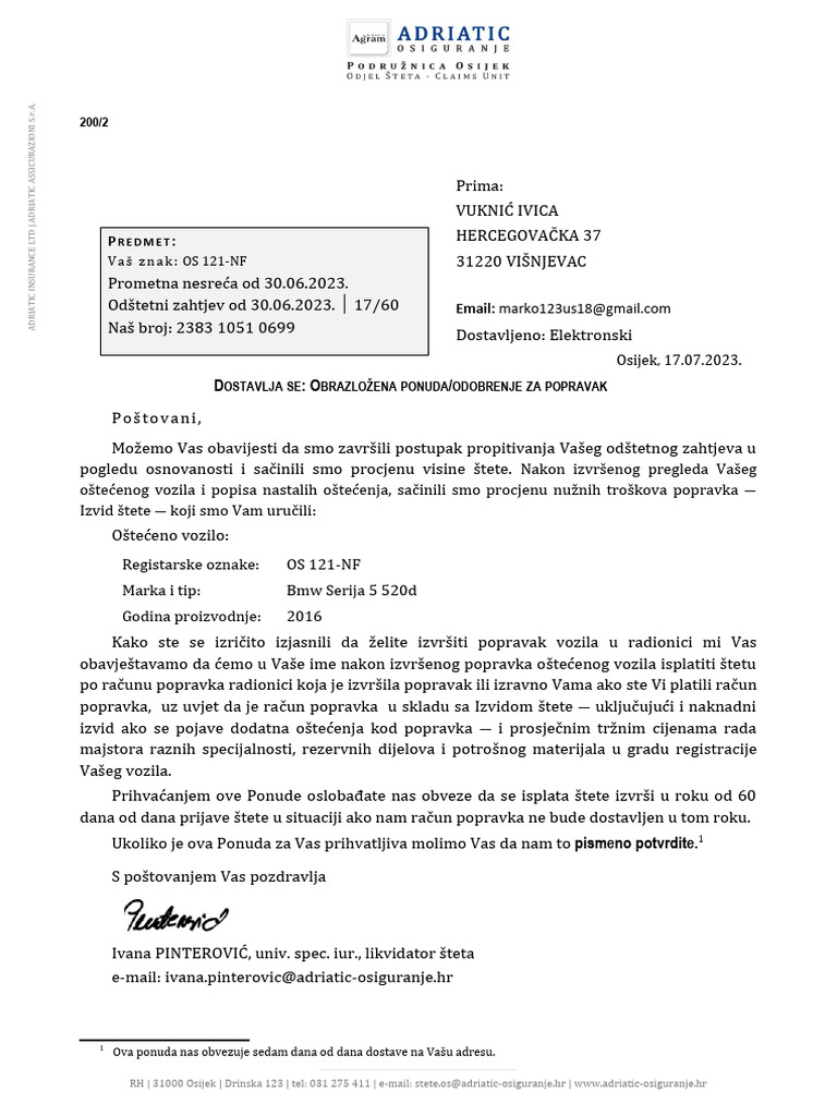 200-2 Predmet - 2383 1051 0699 - Obrazložena Ponuda Odobrenje Za Popravak 20230717-125929 | PDF