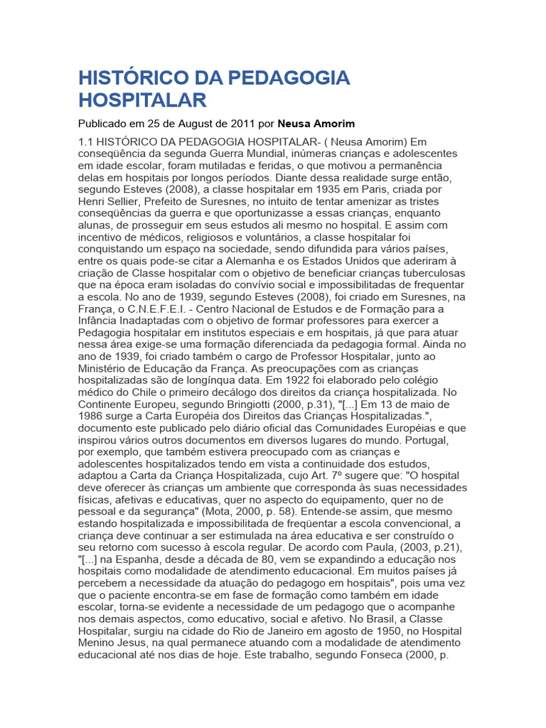 História da Pedagogia Hospitalar | PDF | Pedagogia | Hospital