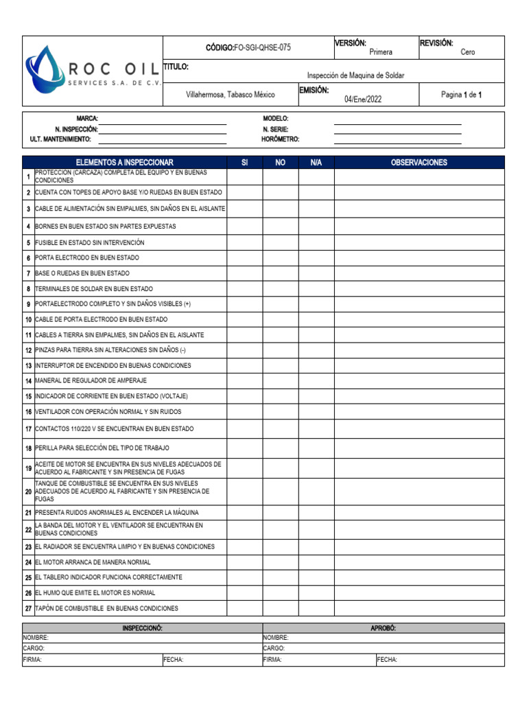 ROC-FO-SGI-QHSE-073 Inspecciòn Compresor Sullair 425 VS RC | PDF ...