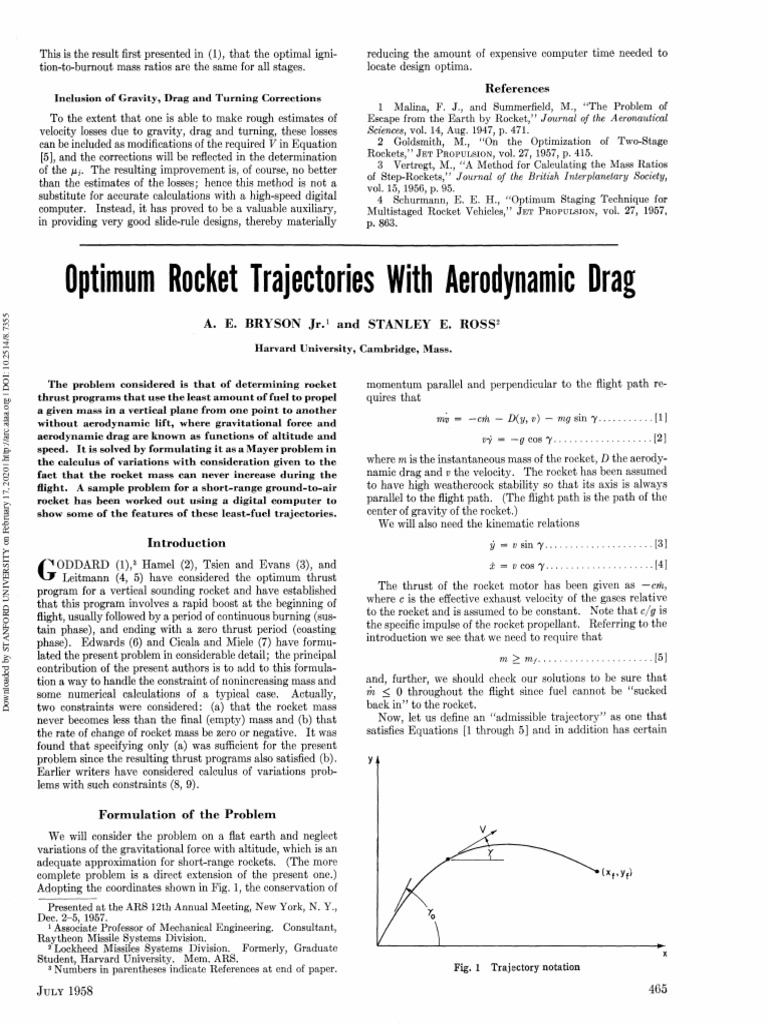 Bryson and Ross Optimum Rocket Trajectories With Aerodynamic Drag | PDF ...