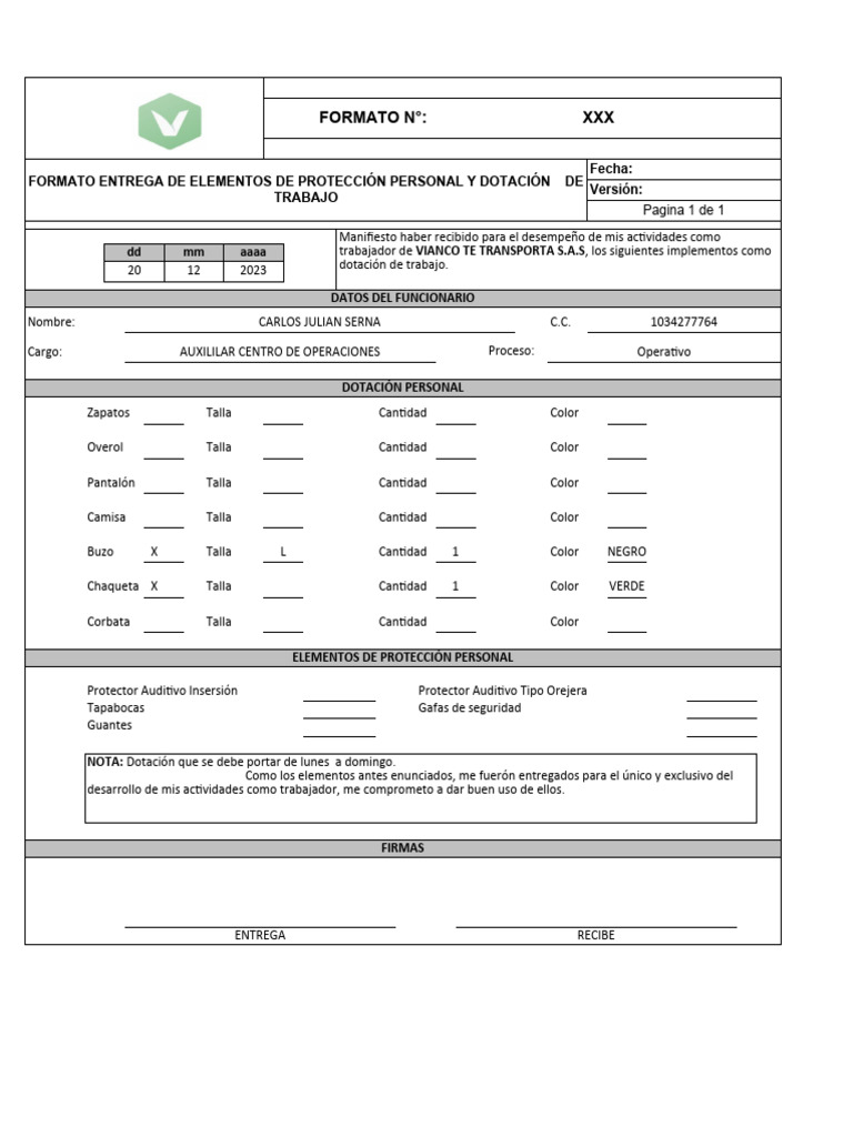 Formato Entrega de Dotación | PDF | Ropa | Moda