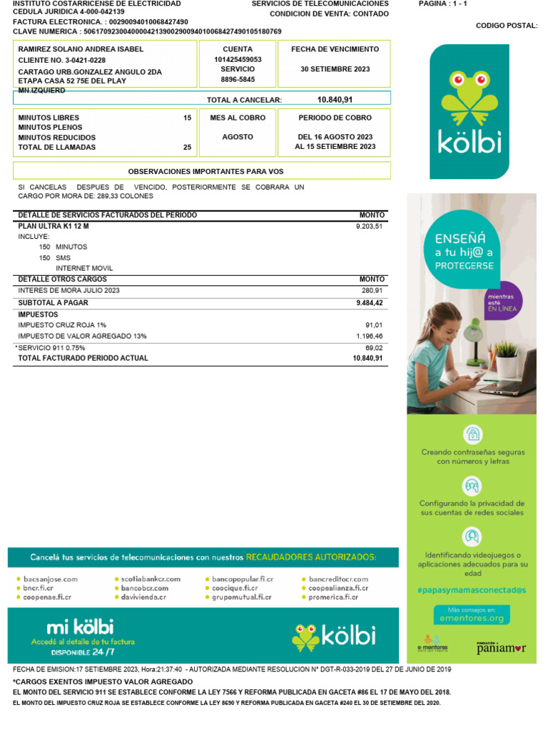 Fecha de Emision:17 Setiembre 2023, Hora:21:37:40 - Autorizada Mediante Resolucion #Dgt-R-033 ...