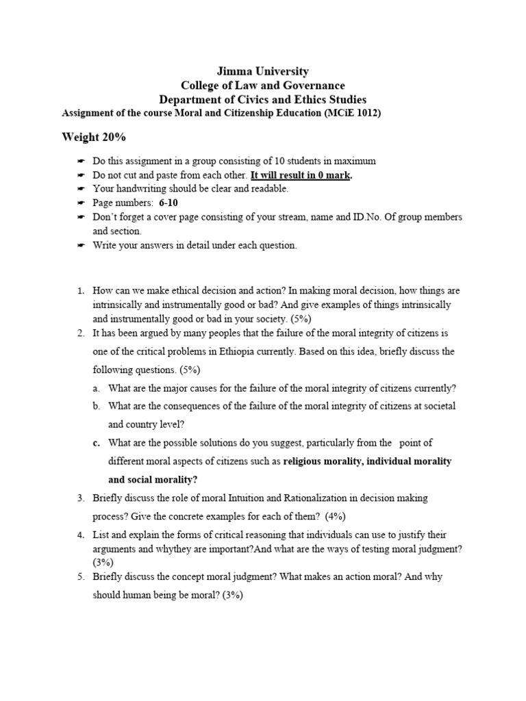 Civics and Moral Education Assignment | PDF