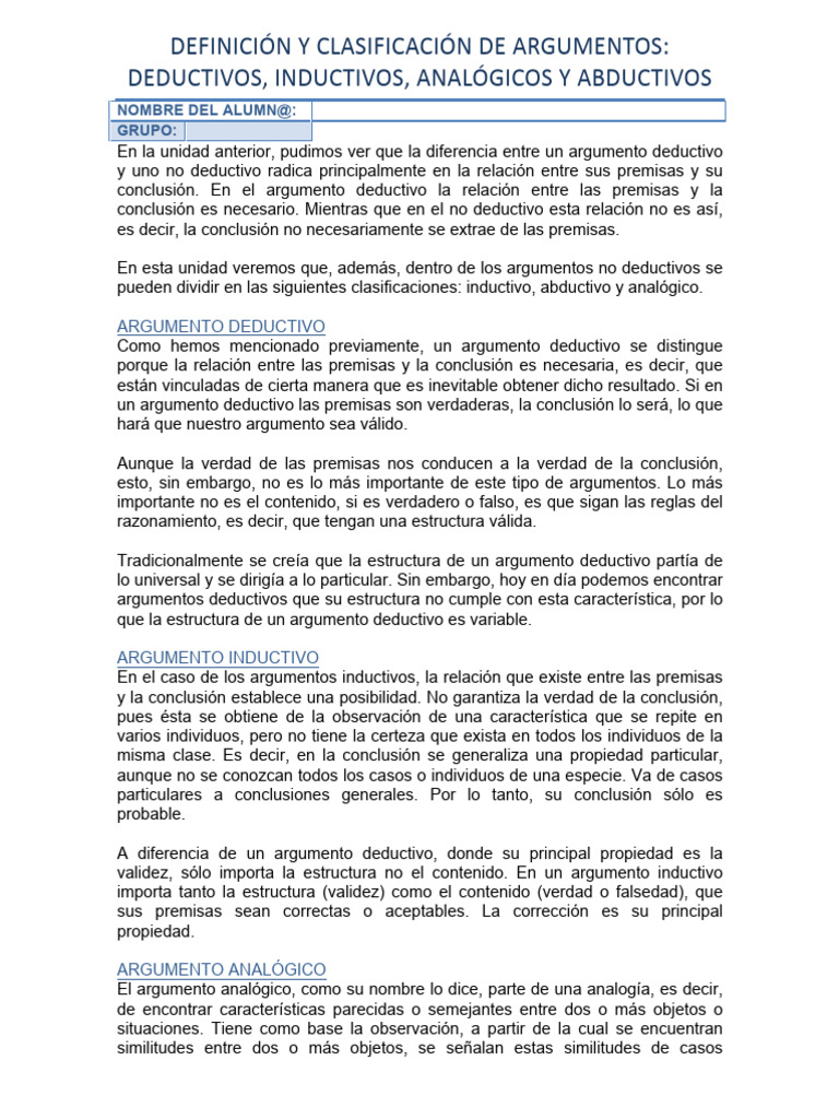 Definición y Clasificación de Argumentos | PDF