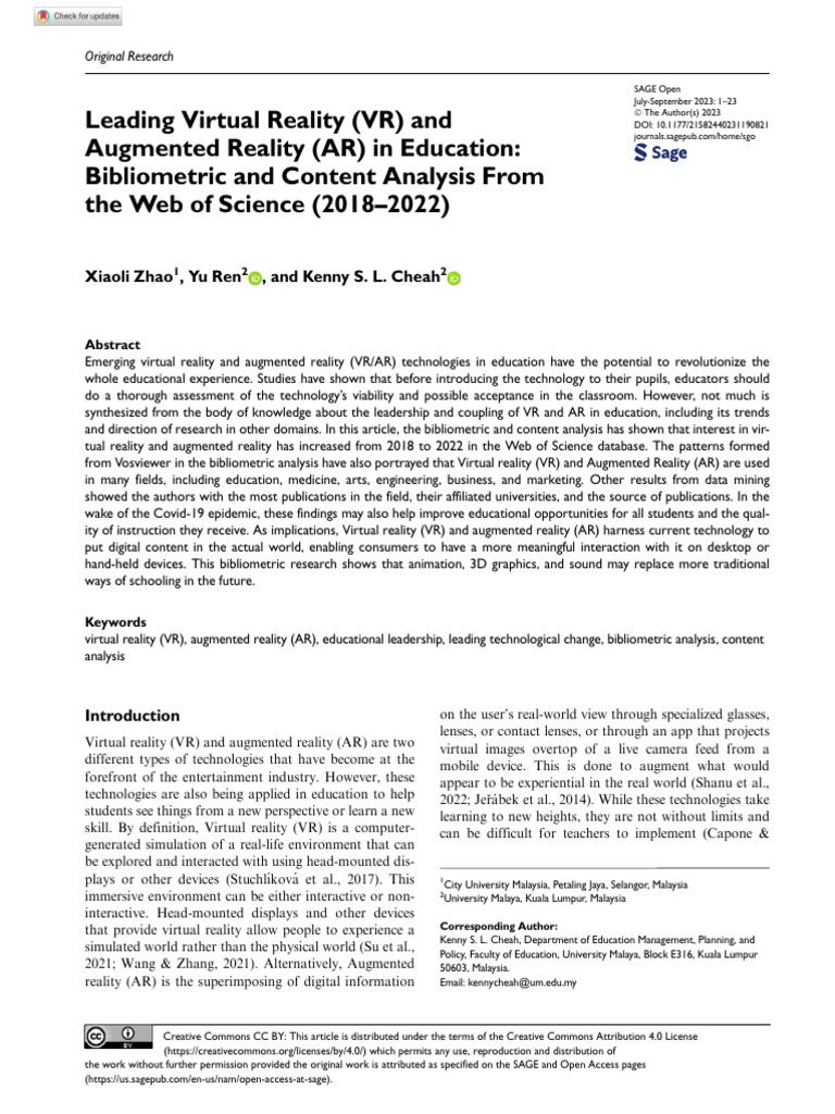Zhao Et Al 2023 Leading Virtual Reality VR and Augmented Reality Ar in ... Zhao Et Al 2023 Leading Virtual Reality VR and Augmented Reality Ar in ...