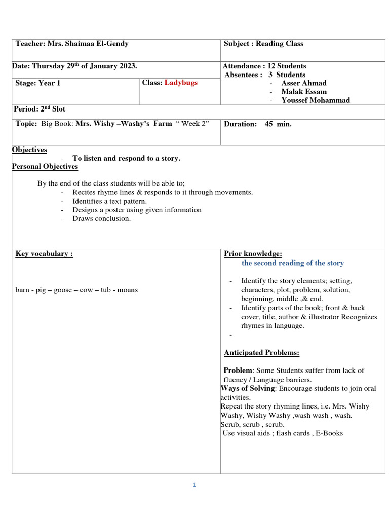 Lesson Plan - Mrs - Wishy Washy's Farm FINAL | PDF