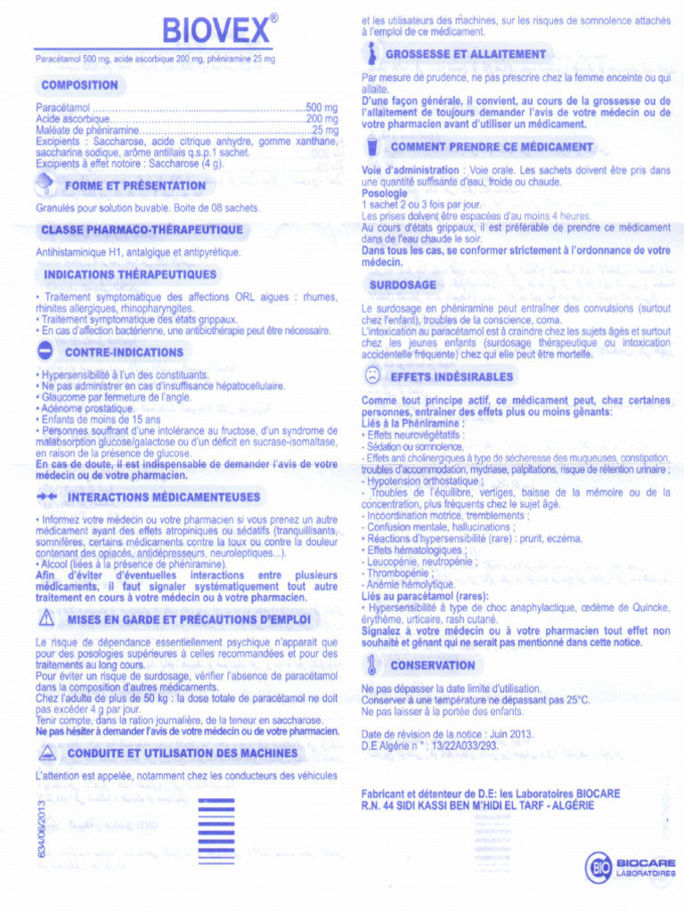 Notice Biovex 500mg 200mg 25mg Granules Pour Sol Buv en Sachet Adulte B ...