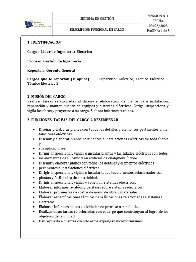Descripcion Funcional de Cargo Ingeniero Electrico | PDF | Residuos