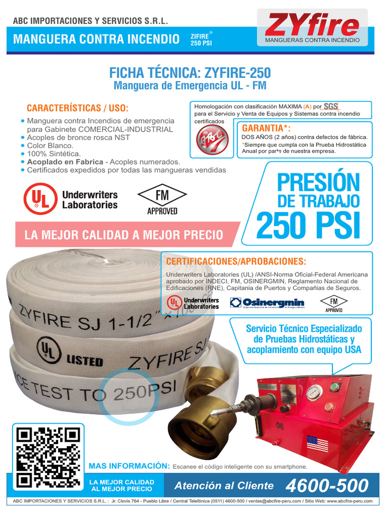 Ficha Tecnica de Manguera ZYFIRE-250-PSI-Bronce | PDF