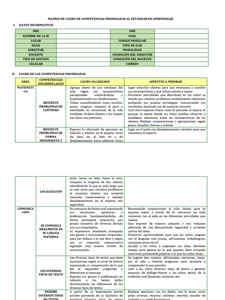 Informe Logro Competencias Prior. Al Estándar, Áreas | PDF | Aprendizaje | Las emociones