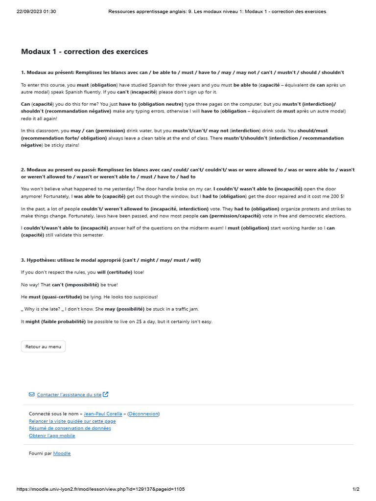 Les Modaux Niveau 1 - Correction | PDF | Career & Growth | Language Arts & Discipline