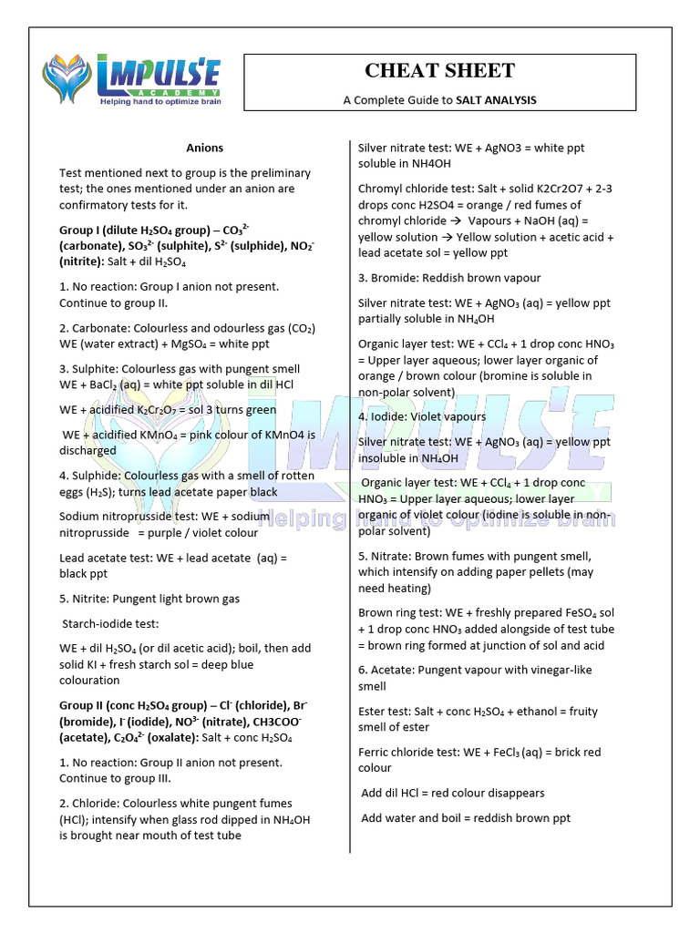 Salt Analysis Cheat Sheet | PDF | Salt (Chemistry) | Ammonium Salt Analysis Cheat Sheet | PDF | Salt (Chemistry) | Ammonium