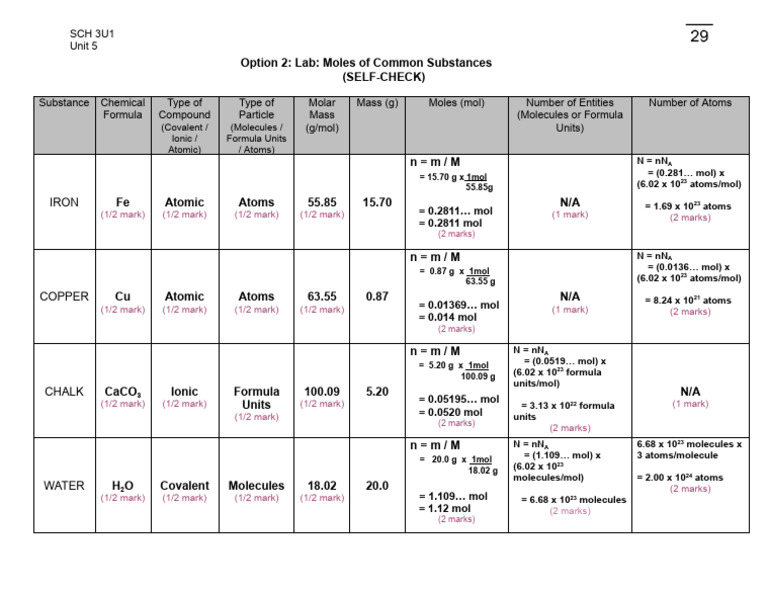 Lab - Moles of Common Substances (Self-Check) | PDF