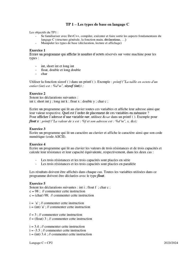 TP 1 - Les Types de Base en Langage C: Exercice 1 | PDF | Ordinateurs