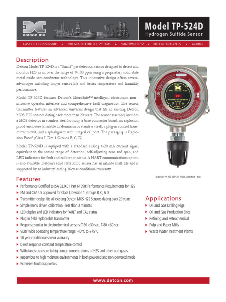 Detcon - TP-524D-H2S - Datasheet 965-015420-100 | PDF | Sensor ...