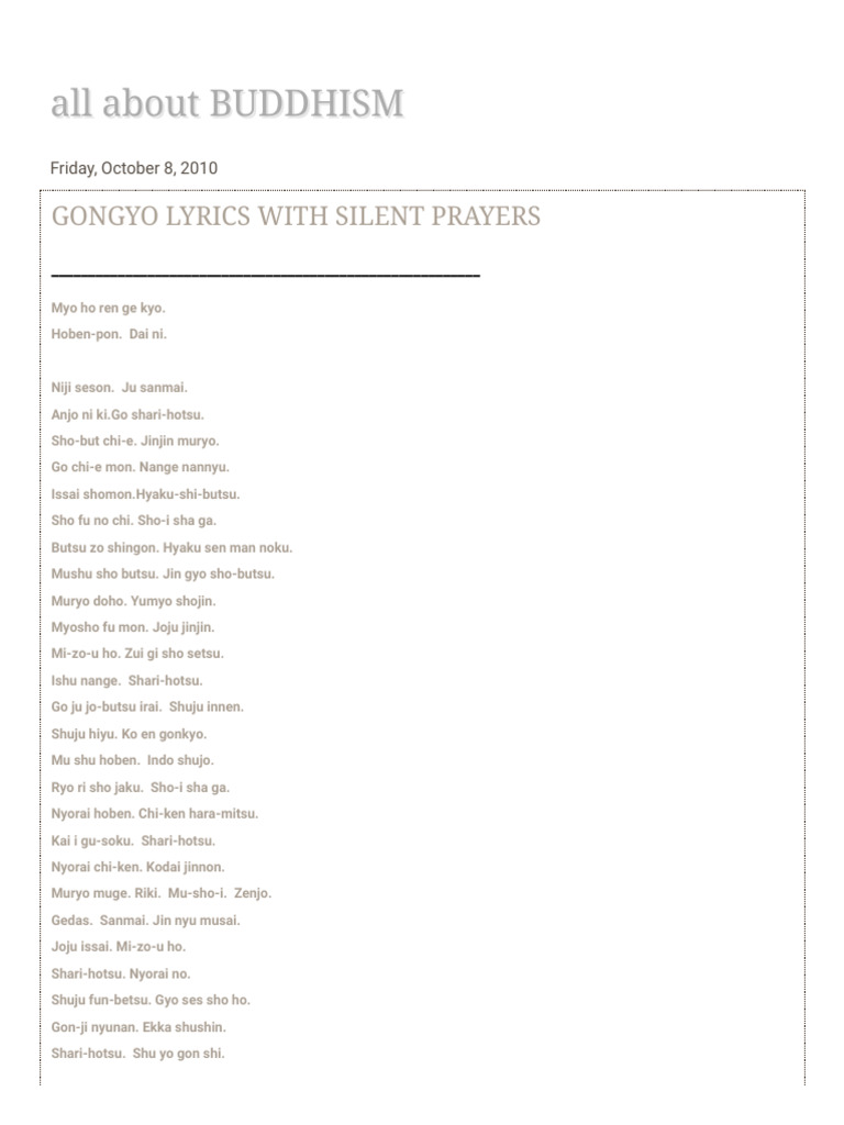 All About Buddhism - Gongyo Lyrics With Silent Prayers | PDF | Mahayana ...