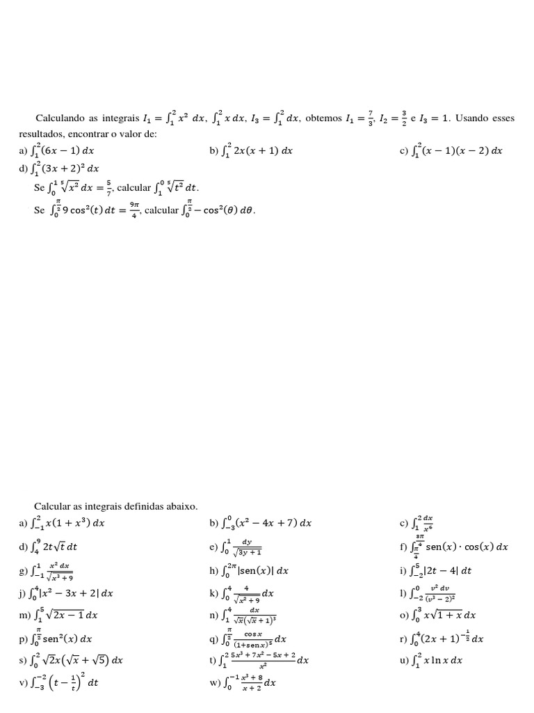 Exercícios Práticos de Integrais Definidas | PDF | Integrante ...