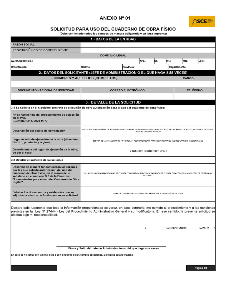 Anexo 01 Solicitud para Uso de Cuaderno de Obra Físico | PDF