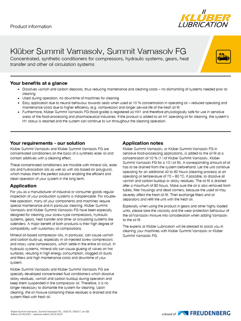 Klueber Summit Varnasolv FG 050017 PI GB en | PDF | Oil | Lubricant