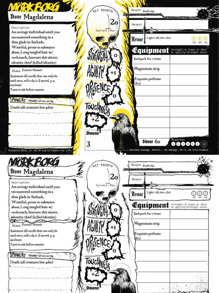 Mork Borg English Character Sheets Fillable | PDF | Role Playing Games