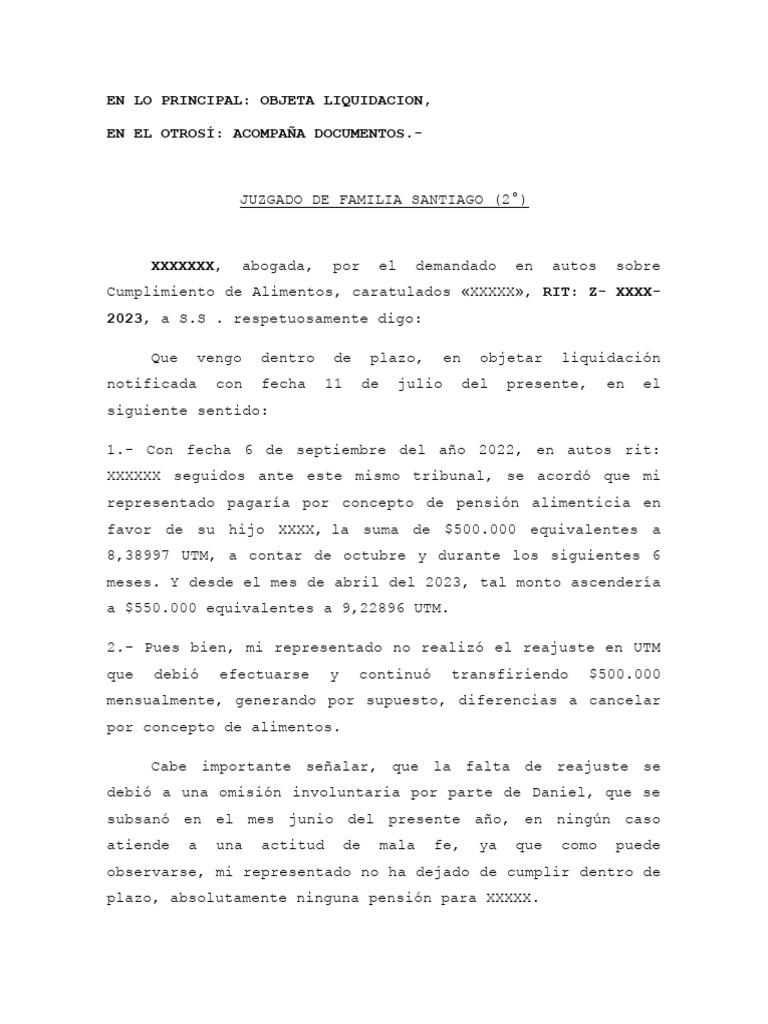 Objeción a Liquidación de Alimentos | PDF
