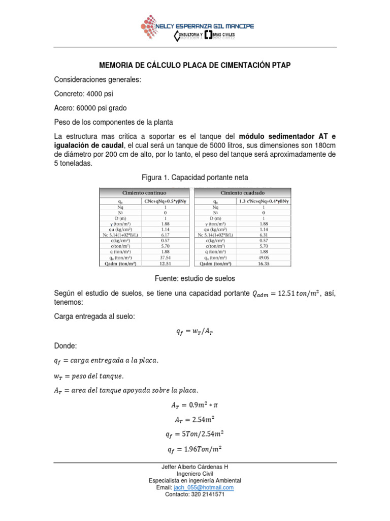 Memoria De CÁlculo Placa De CimentaciÓn Ptap Pdf Ciencias Fisicas