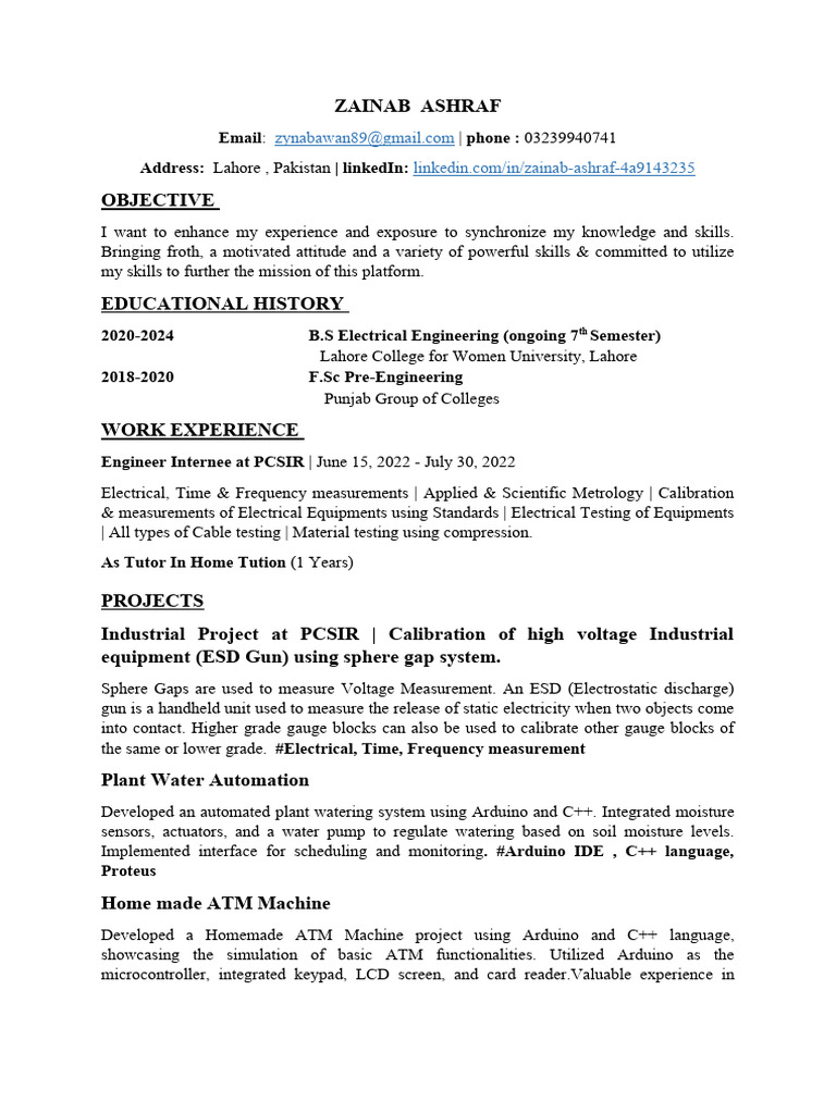 Zainab Ashraf CV Teaching | PDF | Electrostatic Discharge | Arduino Zainab Ashraf CV Teaching | PDF | Electrostatic Discharge | Arduino