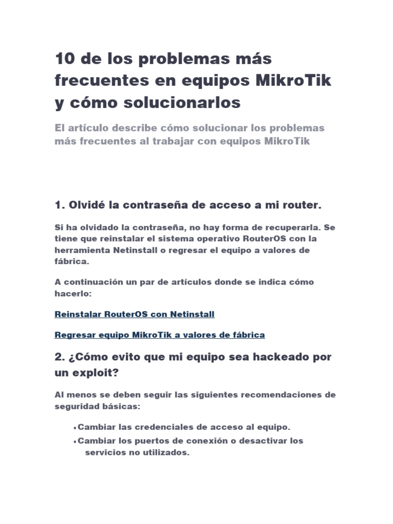 Soluciones a 10 Problemas MikroTik | PDF | Enrutador (Computación ...