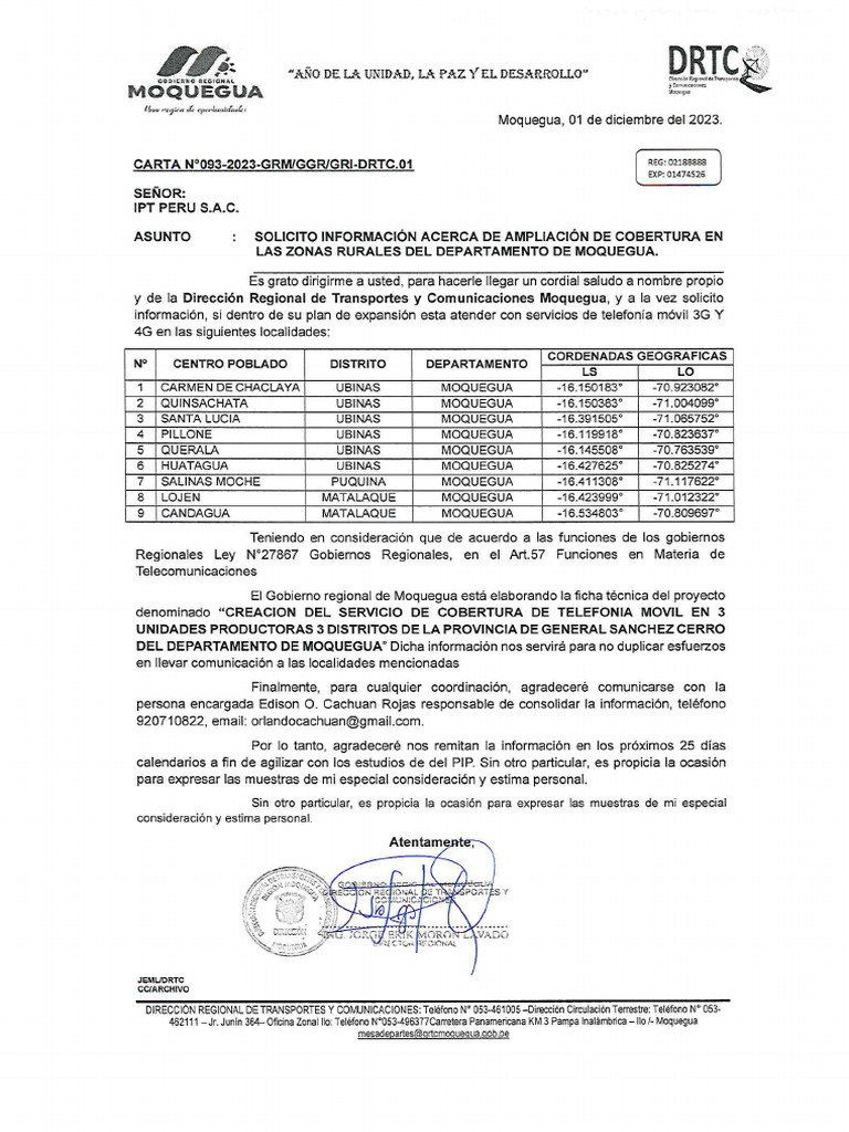 CARTA N 093-2023-GRM-GGR-GRI-DRTC IPT Peru Sac | Descargar gratis PDF | Electrónica | Industrias ...