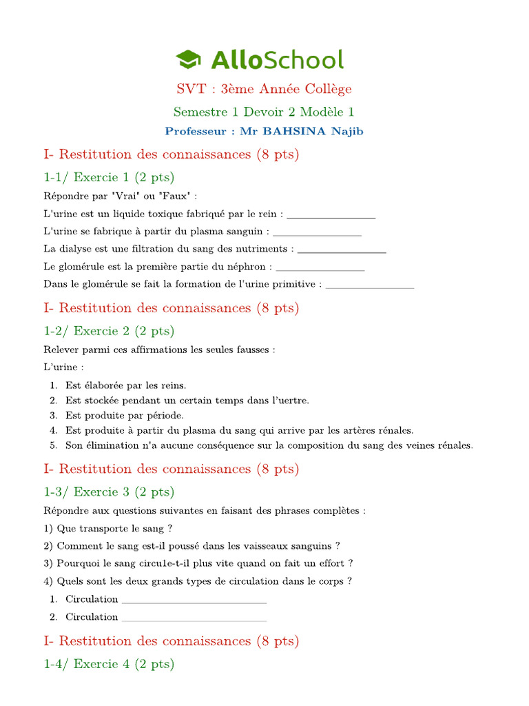 SVT 3ac Semestre 1 Devoir 2 Modele 1 1 | PDF