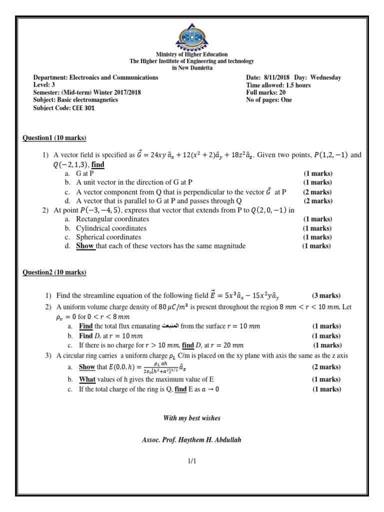 Mid Basic Electromagetic 2017-20182 | PDF