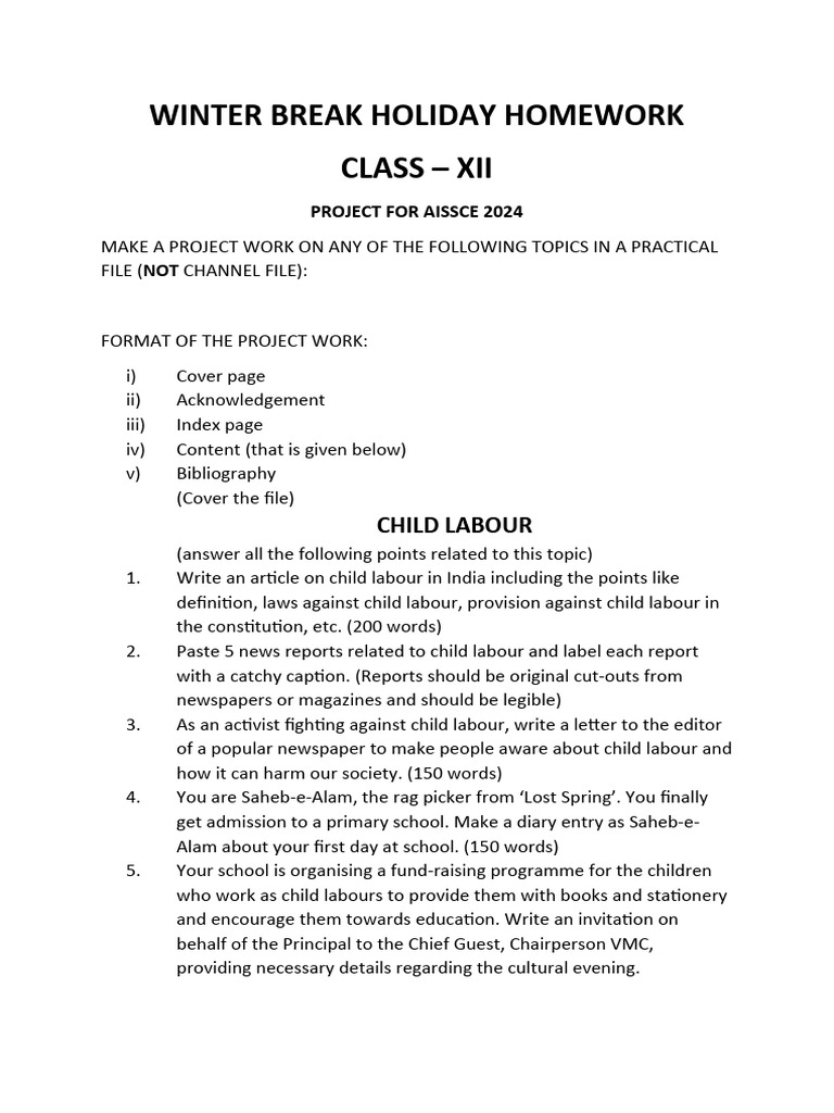 Winter Break Holiday Homework Xii | PDF | Social Science