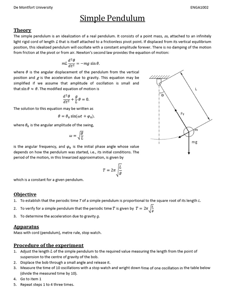 ENGE 1002D - Simple Pendulum Experiment | PDF