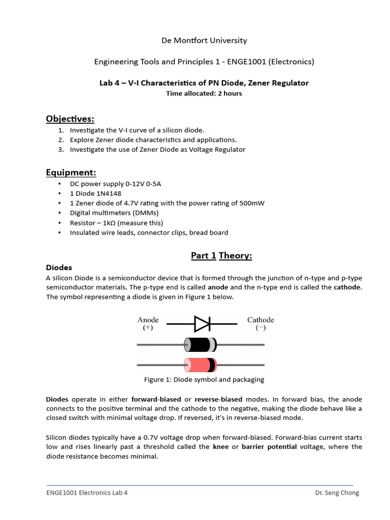 Lab 4-V I Characteristics of PN Diode and Zener Regulator PDF | PDF ...