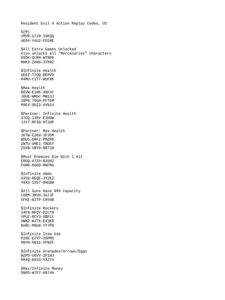 (USA) Resident Evil 4 Action Replay Codes, US | PDF