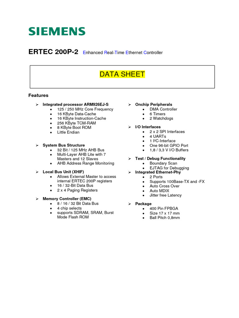 DataSheet ERTEC200P-2 V1 0 | PDF | Microcontroller | Booting