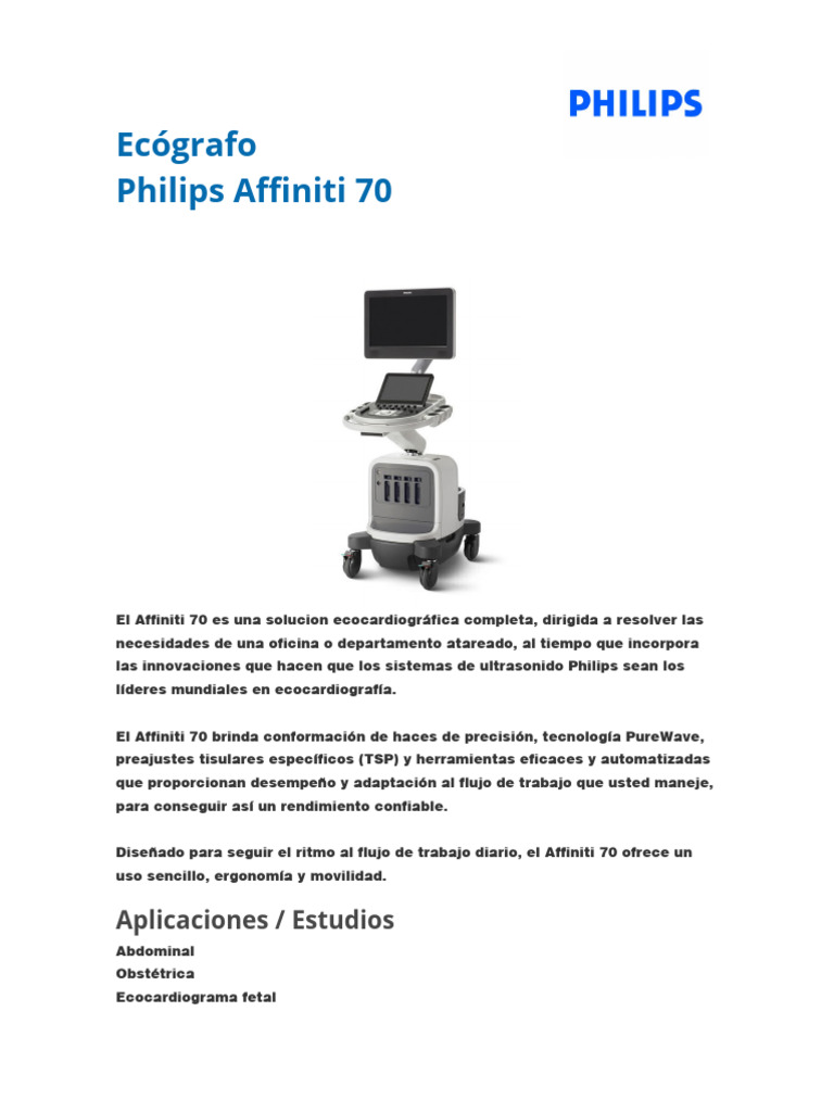 Ficha Tecnica AFFINITI 70 W - PHILIPS | PDF | Ecocardiografía | Ultrasonido