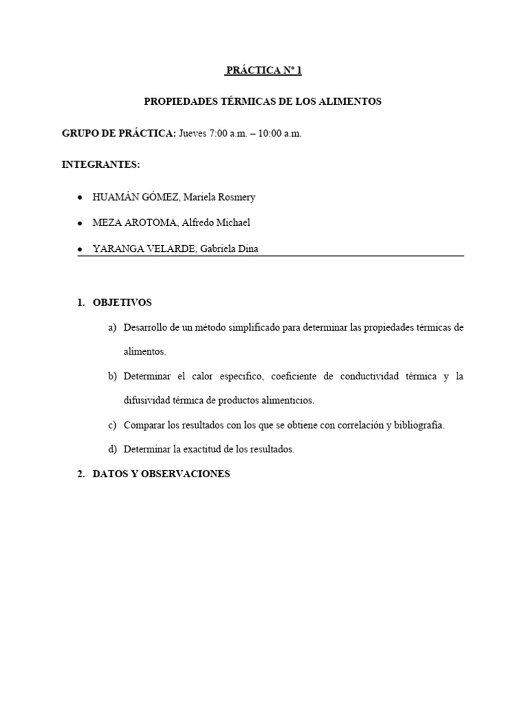 PRÁCTICA #1 Propiedad Termica de Los Alimentos ..... | PDF ...