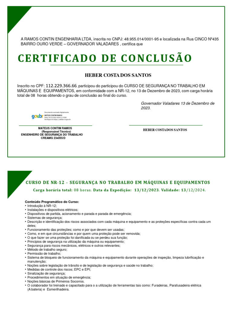 MODELO DE CERTIFICADO DO CURSO DE NR 12 - Assinado | PDF | Negócios | Computadores