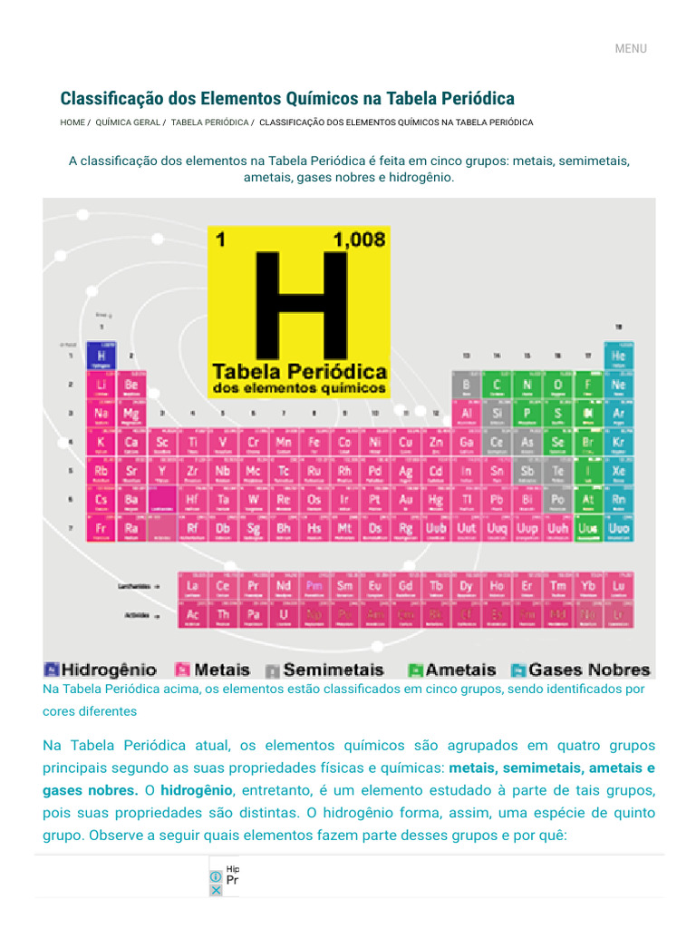Classificação Dos Elementos Químicos Na Tabela Periódica | PDF | Metais ...