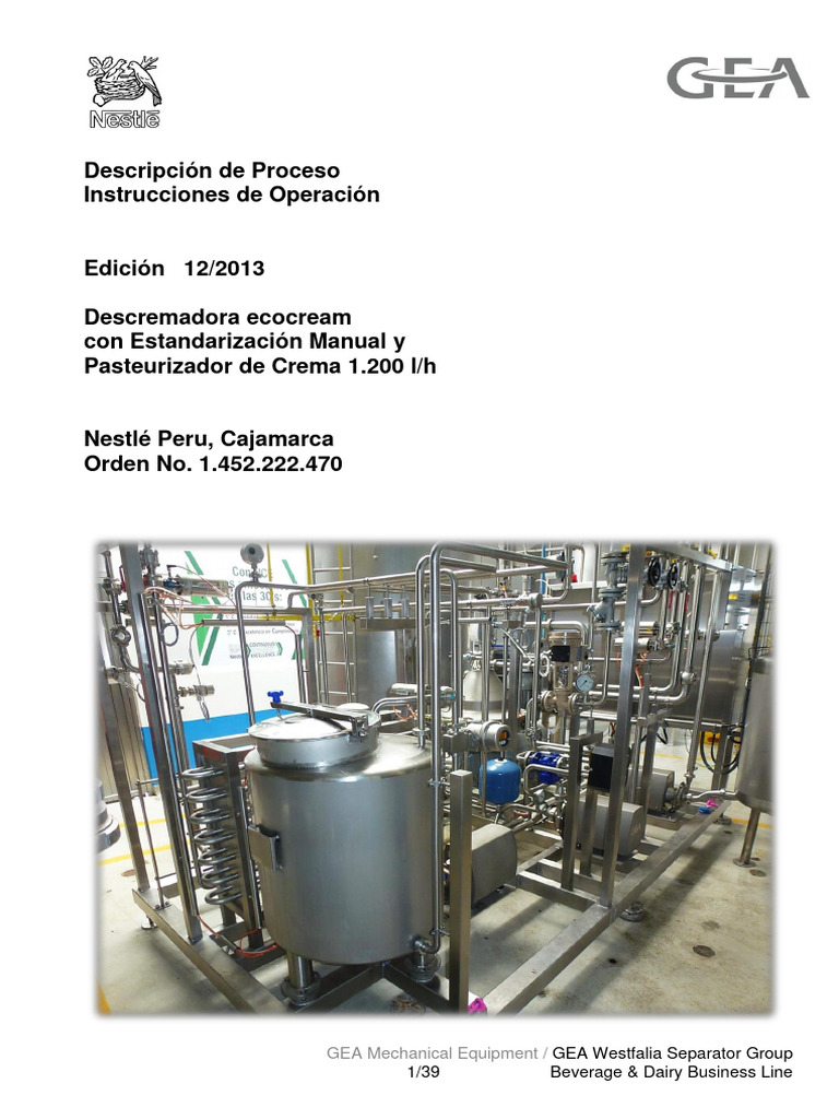 Instrucciones de Operación Descremadora GEA | PDF | Agua | Leche