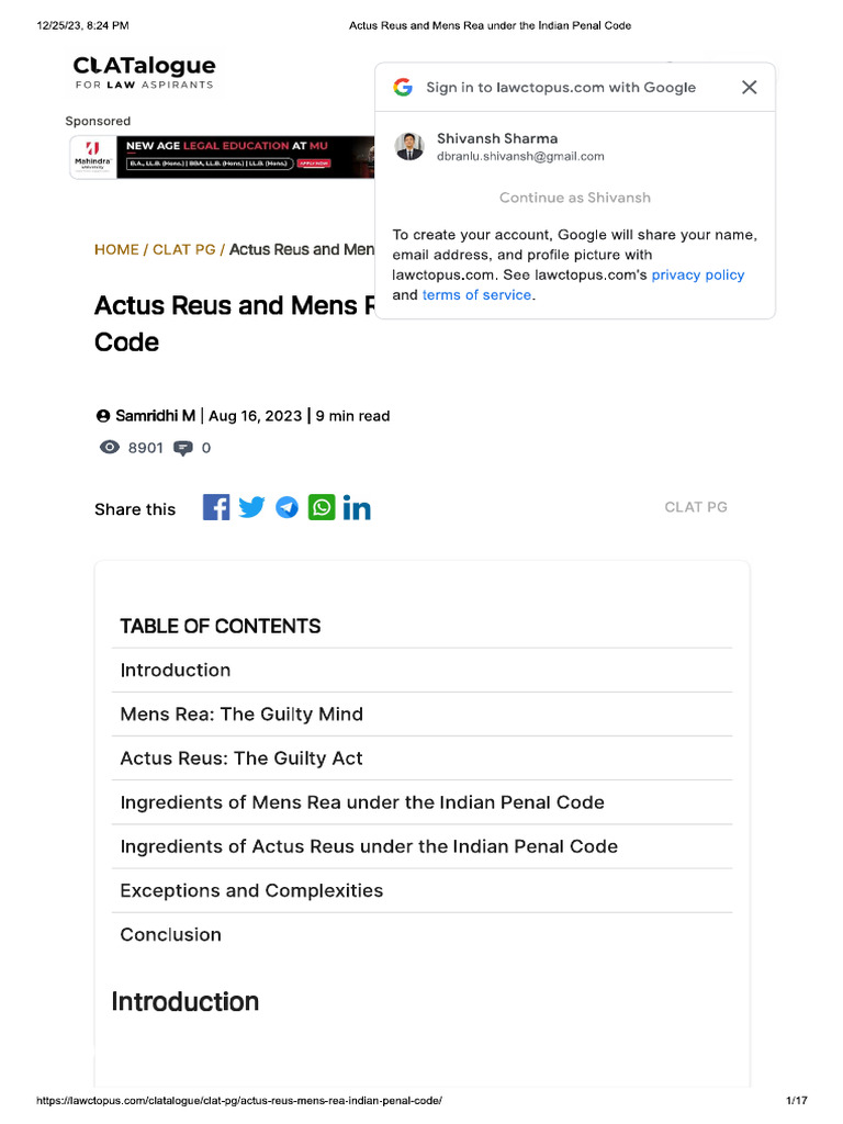 Actus Reus and Mens Rea | PDF