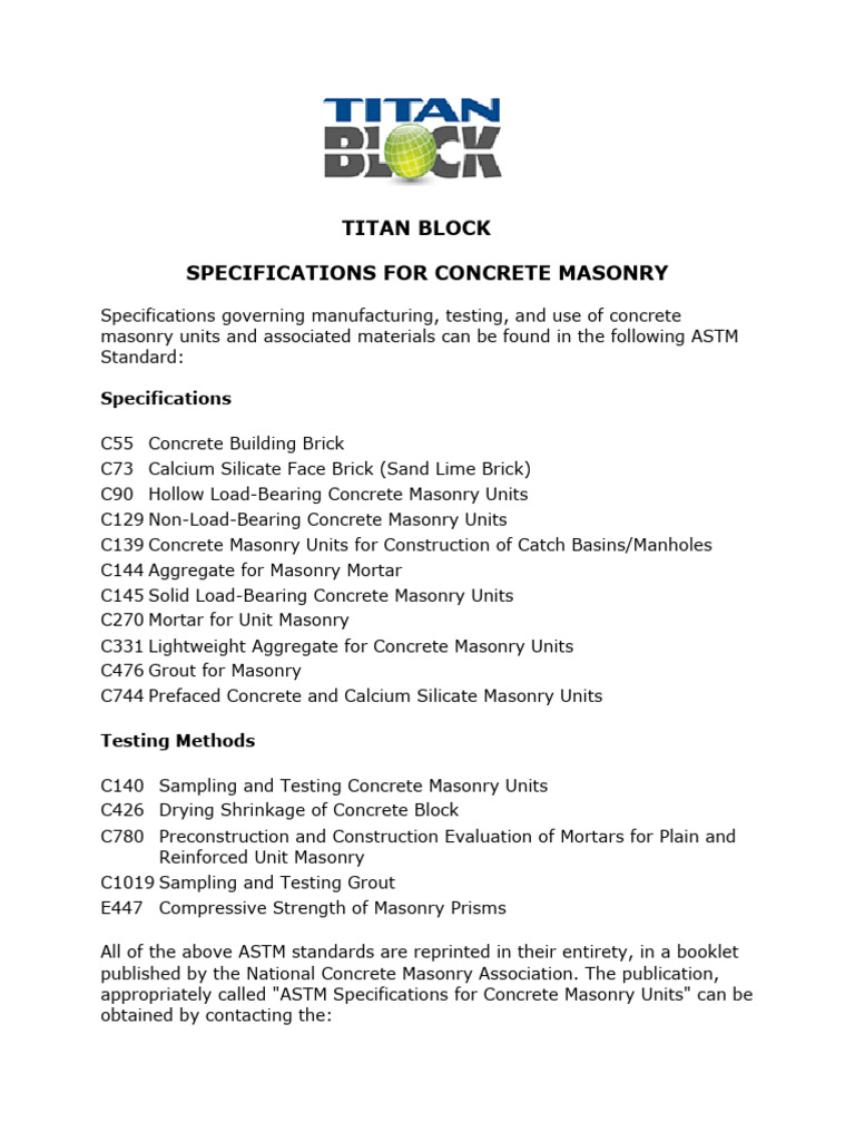 2014specs For Concrete Masonry Titan Block | PDF | Masonry | Concrete