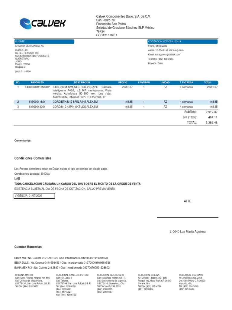 Cotización Calvek Componentes 2020 | PDF
